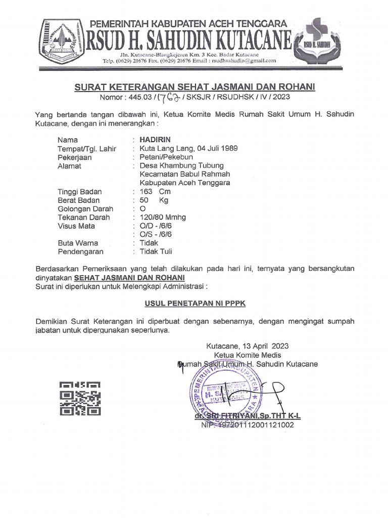 SURAT KESEHATAN JASMANI DAN ROHANI | PDF