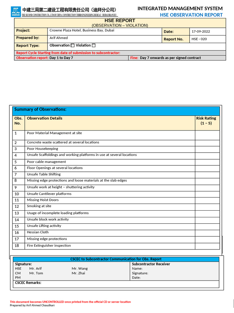 002 HSE RR Observation CSCEC 26092022 | PDF | Safety | Occupational ...