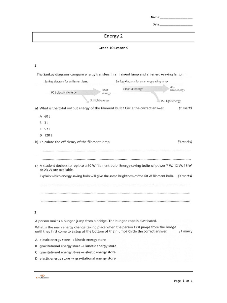 G10 Physics L10 Energy 2 HW | PDF