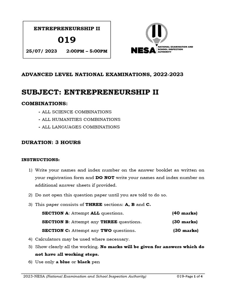 2023 Entrepreneurship II Past Paper | PDF | Business