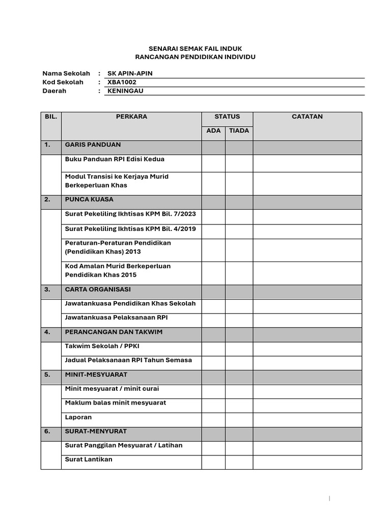 Senarai Semak Fail Induk Rpi | PDF