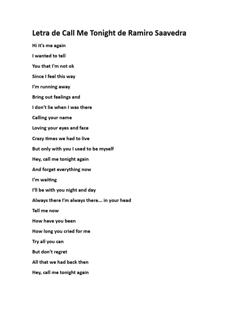 Call Me Tonight Lyrics by Ramiro Saavedra | PDF