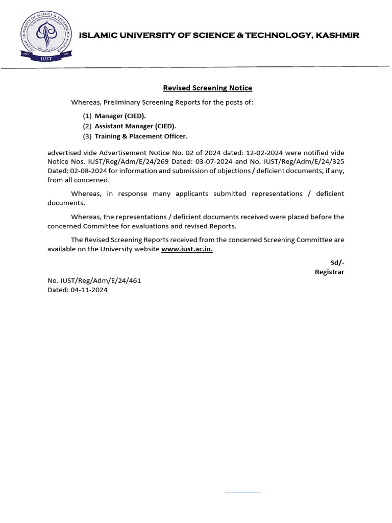 Revised Screening Notice for IUST Positions | PDF