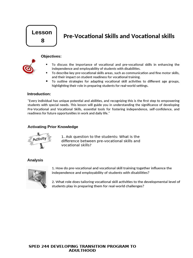 Lesson 8 Pre Vocational Skills and Vocational Skills | PDF | Vocational ...