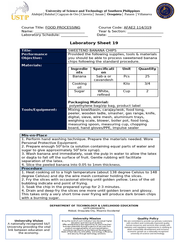 Lab Sheet 19 Sweetened Banana Chips | PDF | Banana