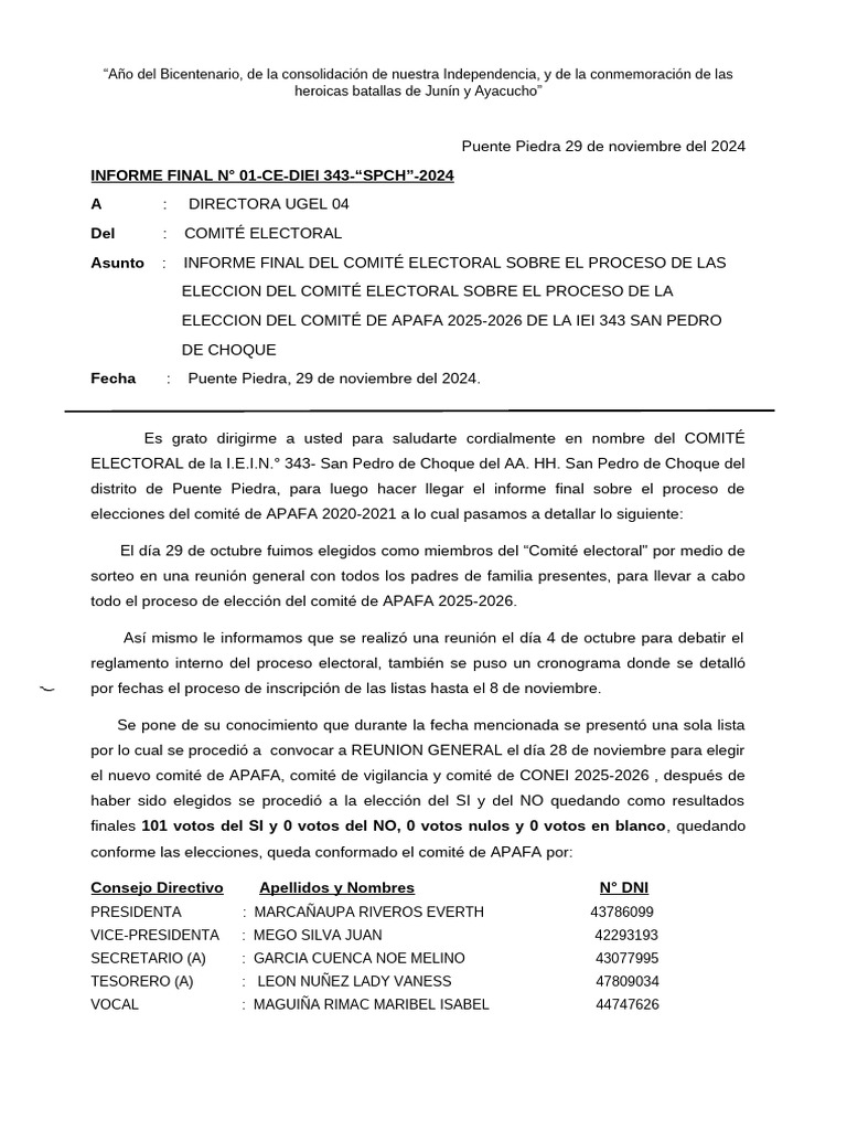 Informe Elección APAFA 2025-2026 | PDF | Gobierno | Eventos políticos