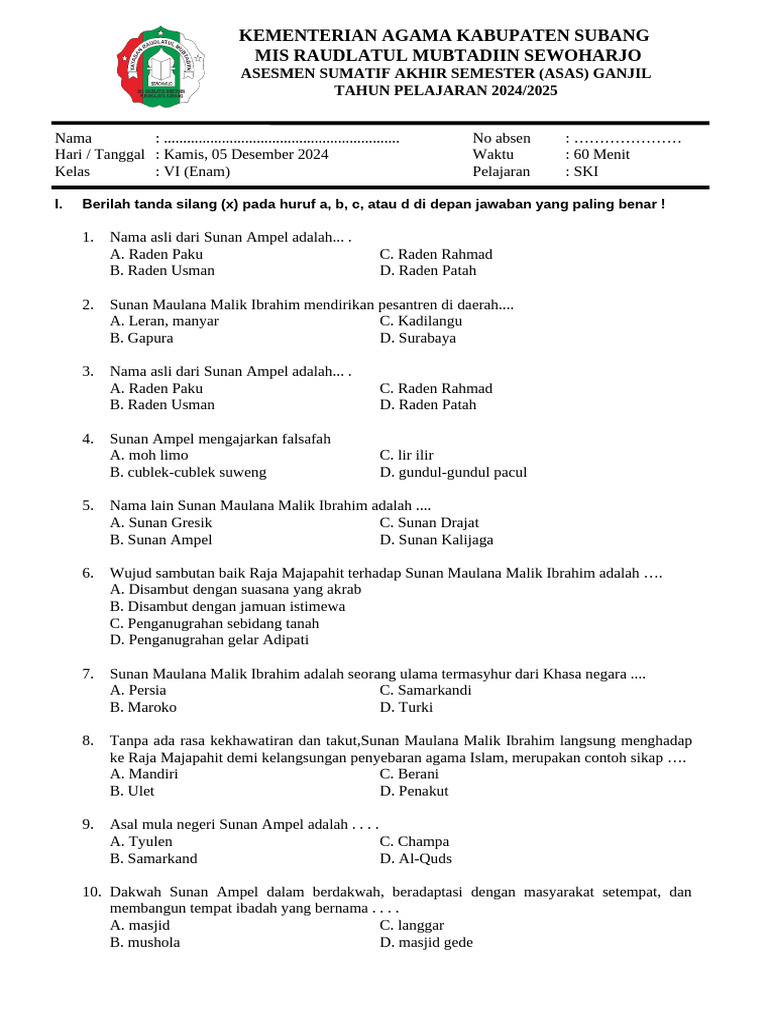 Soal ASAS Ganjil Kelas VI - SKI | PDF