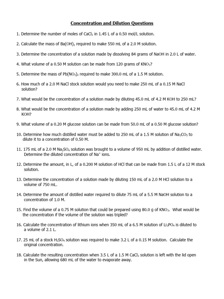 Concentration & Dilution Worksheet | PDF | Concentration ...