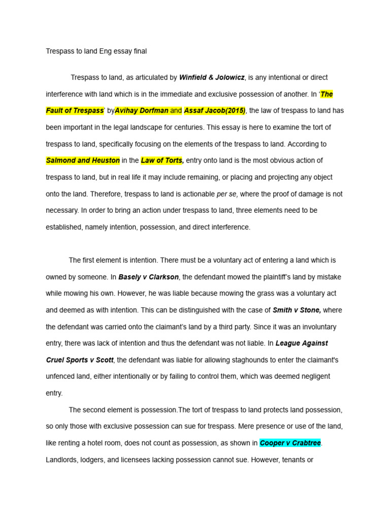 Elements of Trespass to Land Explained | PDF | Trespass | Tort