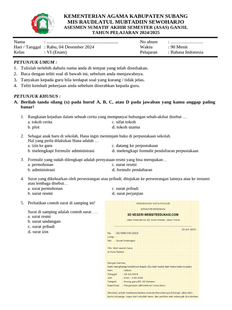 Soal ASAS 1 Kelas VI - Bhs - Indonesia | PDF