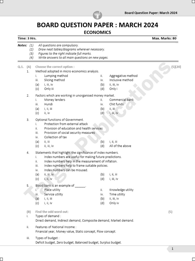 12th Economics - Board Question Paper - March 2024 | PDF | Demand ...