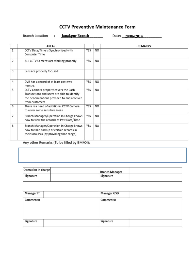 CCTV Preventive Maintenance Form | PDF
