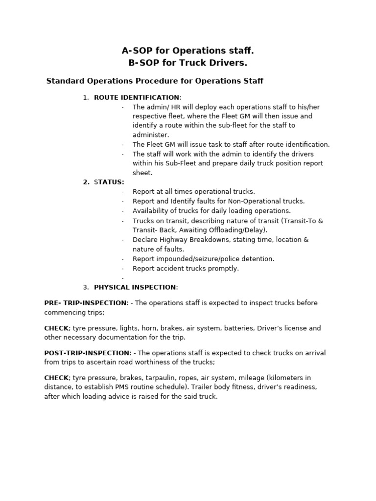 SOP For Transport Operations Staff | PDF | Truck | Truck Driver