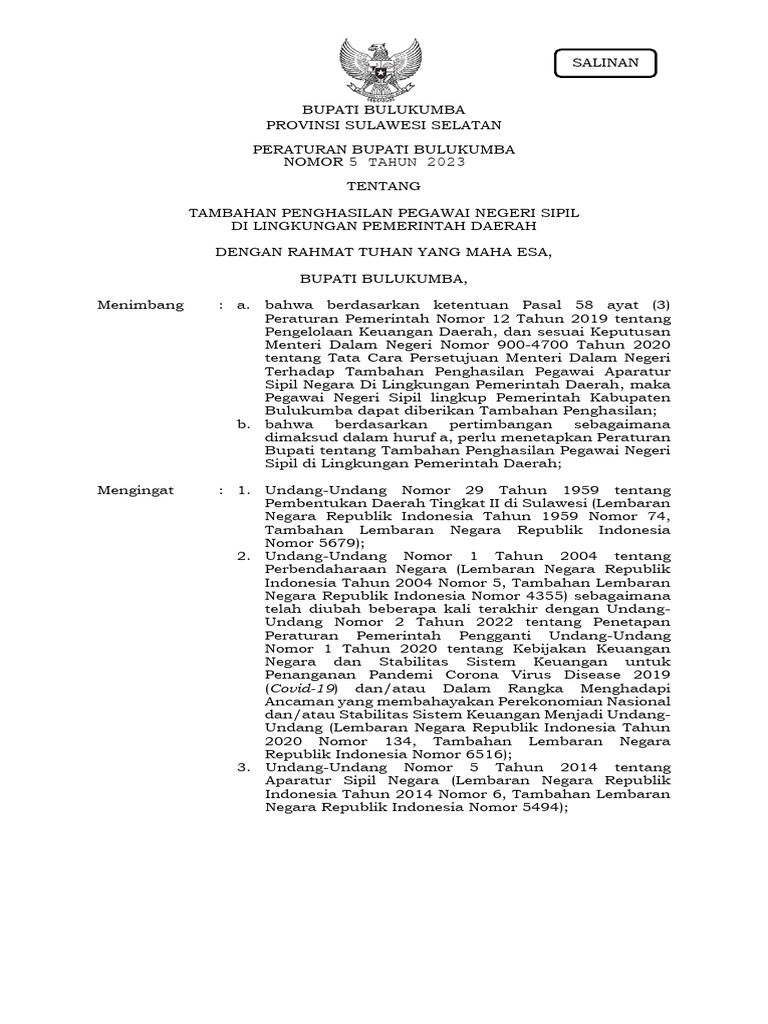 Perbup Nomor 5 Tahun 2023 TTG TPP Negeri Sipil Dilingkungan Pemerintah Daerah | PDF