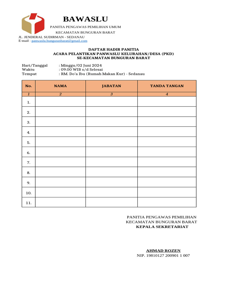 Daftar Hadir Pelantikan PKD Bunguran Barat | PDF