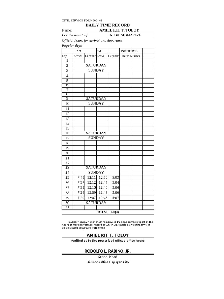 Daily Time Record for November 2024 | PDF