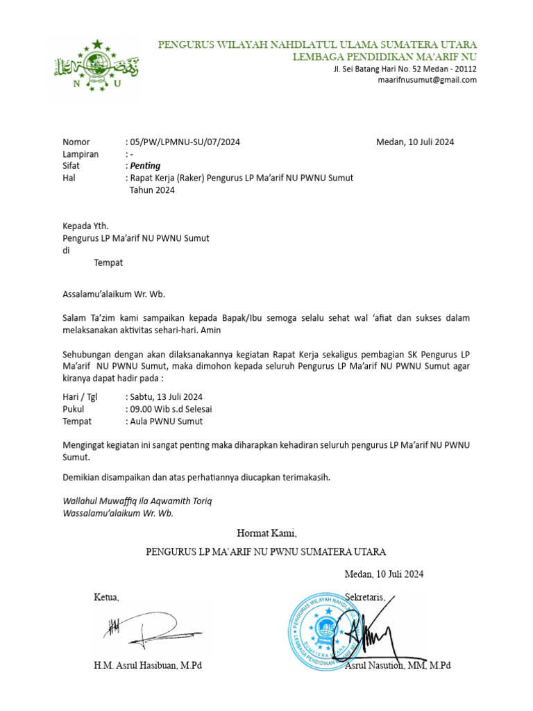 Undangan Raker Pengurus LP Maarif NU Sumut 2024 | PDF