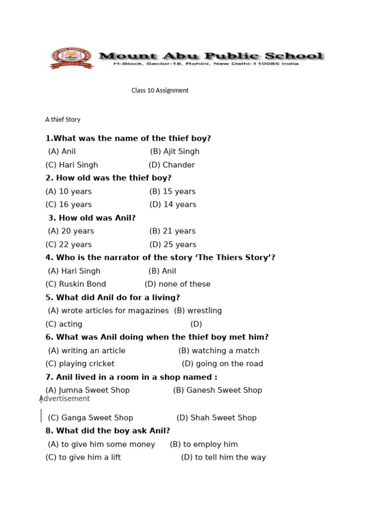 Class 10 Assignment: Thief Story Quiz | PDF