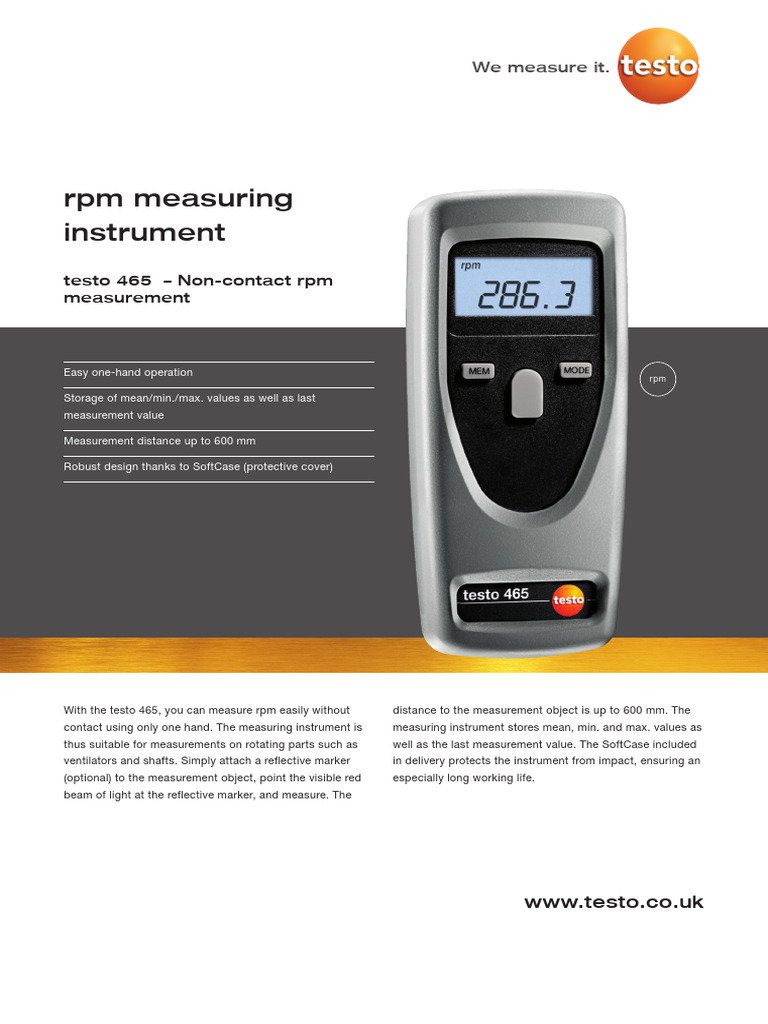 Datasheet - Testo Tachometer 465 | PDF | Calibration | Instrumentation