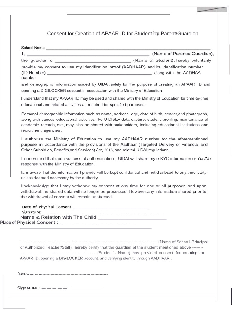 Parent Consent for APAAR ID Creation | PDF | Applications Of Cryptography | Authentication
