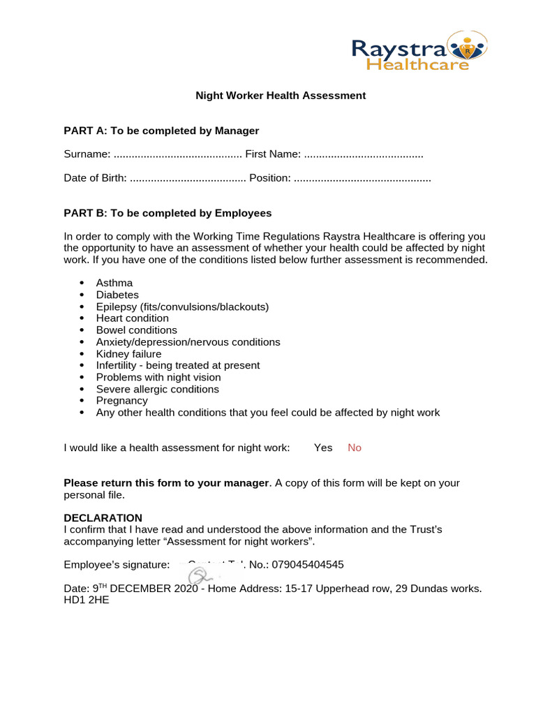 Night Worker Health Assessment Form | PDF