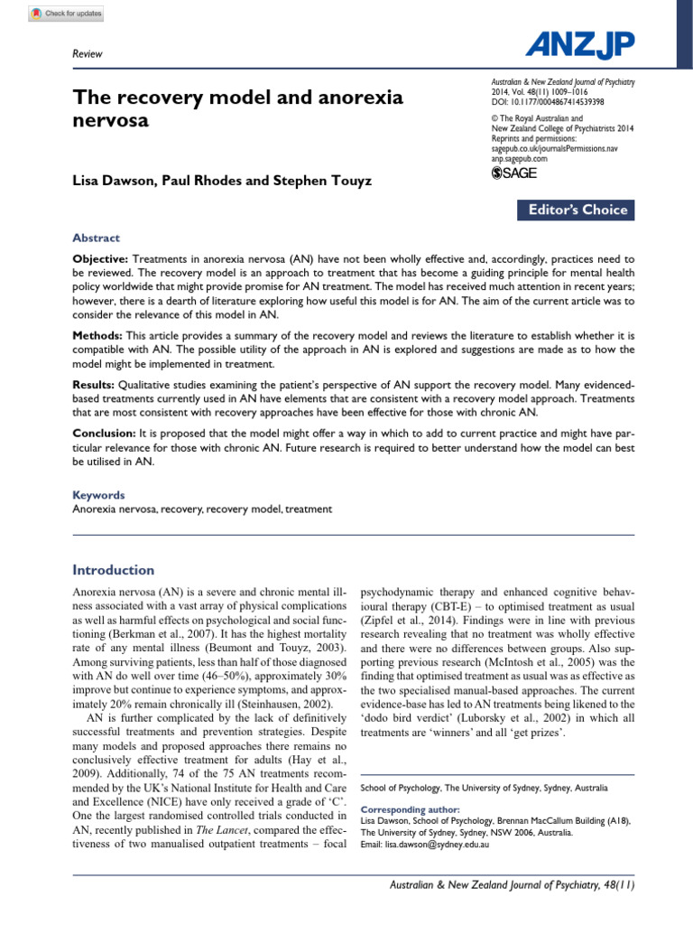 Dawson Et Al 2014 The Recovery Model and Anorexia Nervosa | PDF ...