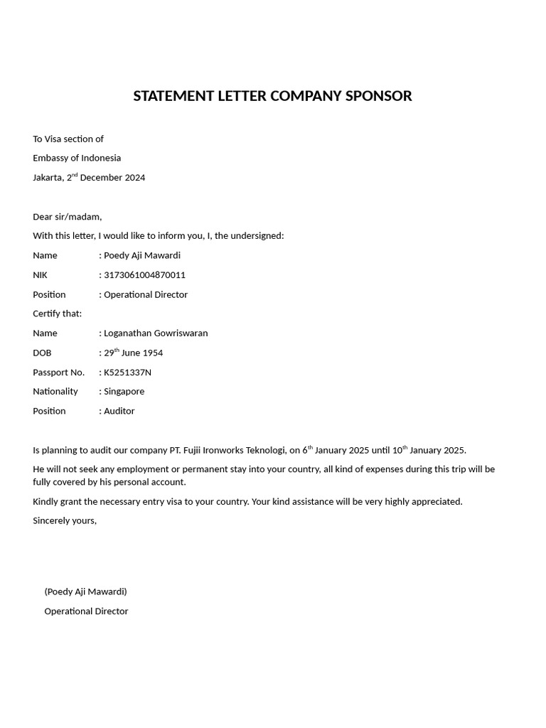 Statement Letter Company Sponsor | PDF