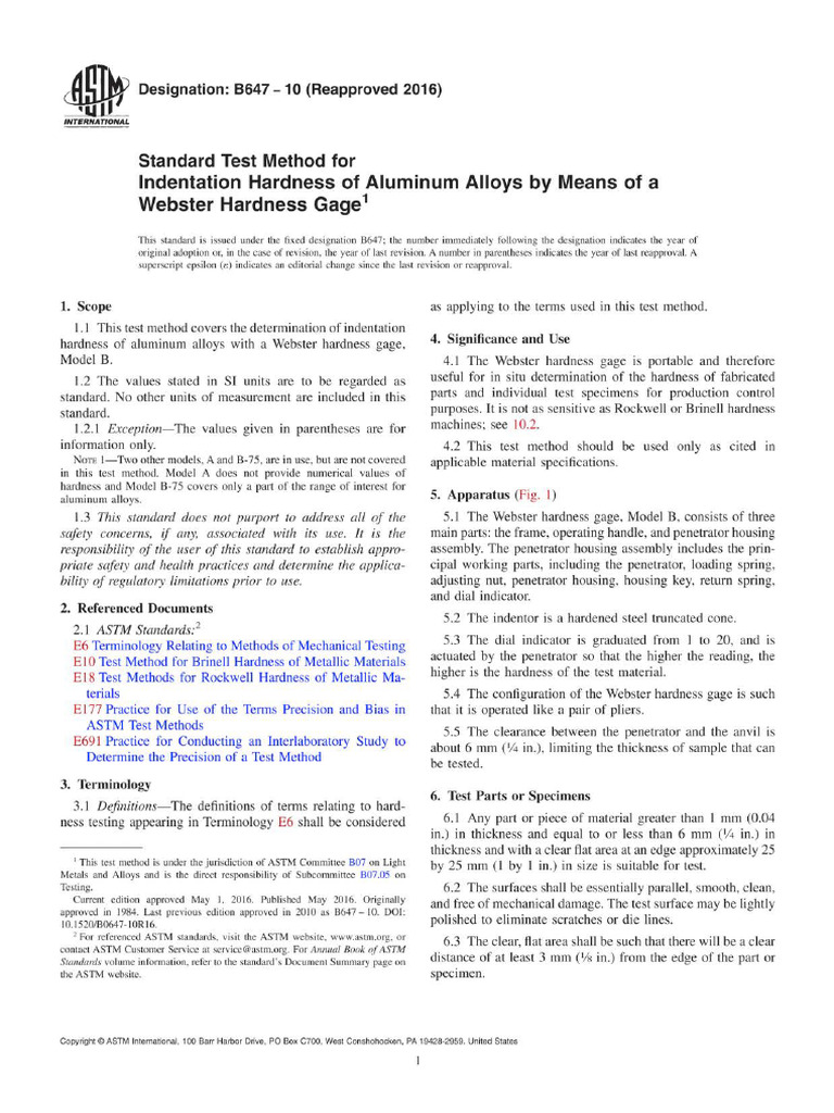 ASTM B647 Standard Test Method For Indentation Hardness of Aluminum ...