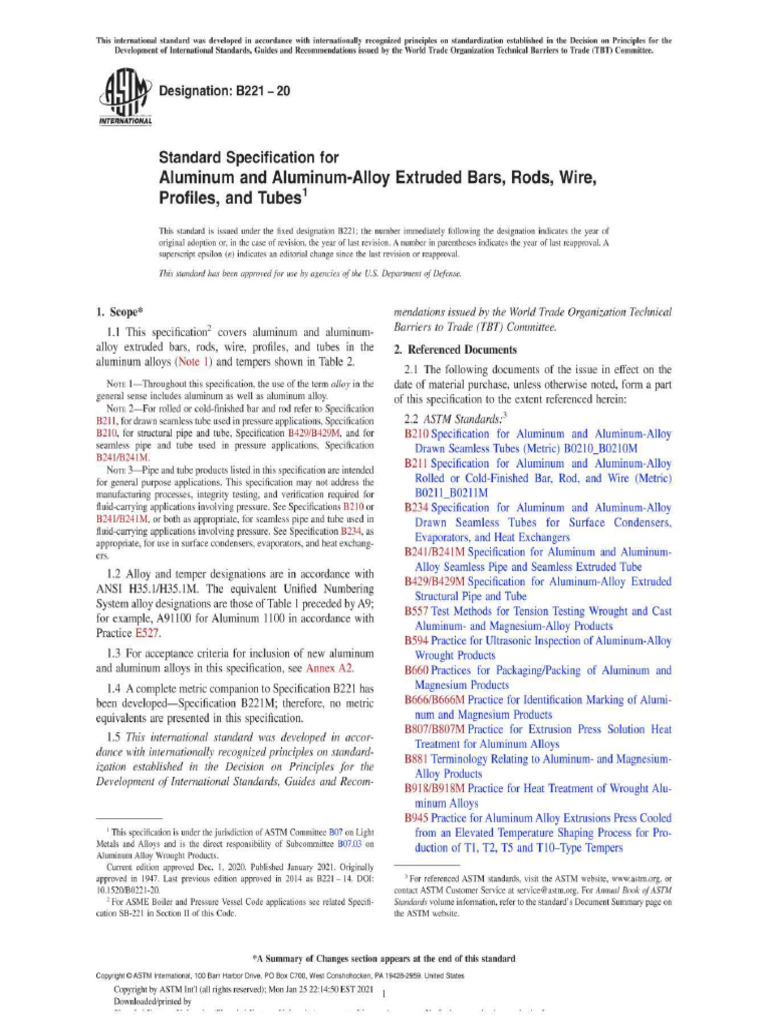 ASTM B221-20 Standard Specification For Aluminum and Aluminum-Alloy Extruded Bars, Rods, Wire ...