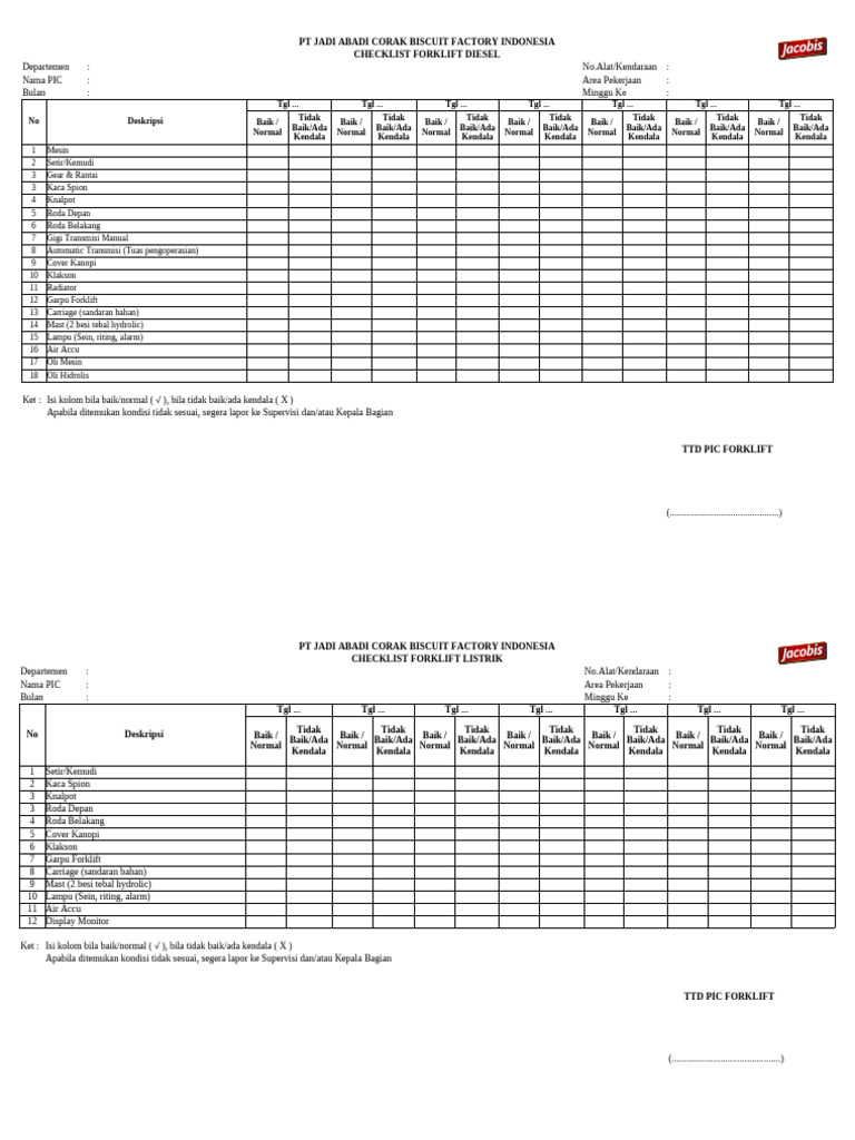 Checklist Perawatan Forklift Harian | PDF