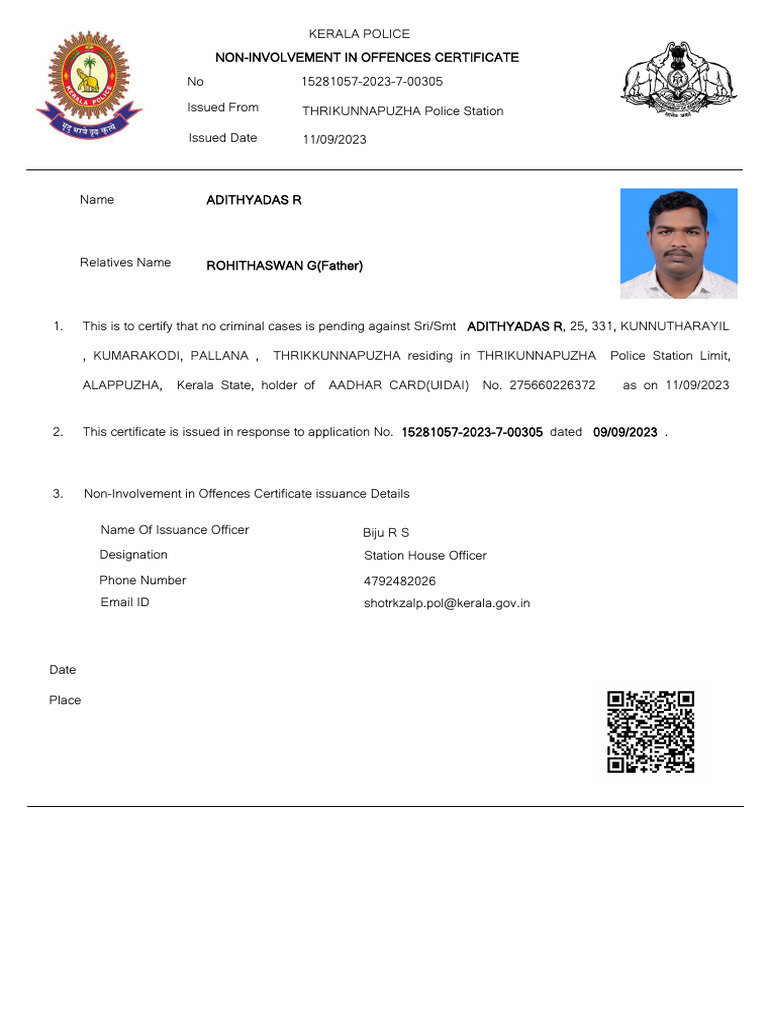 Kerala Police Non-Involvement Certificate | PDF