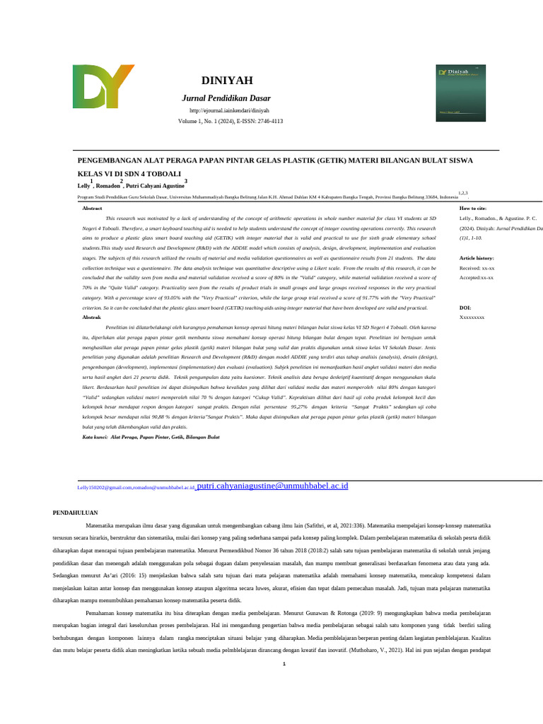 PENGEMBANGAN ALAT PERAGA PAPAN PINTAR GELAS PLASTIK (GETIK) MATERI BILANGAN BULAT SISWA KELAS VI ...
