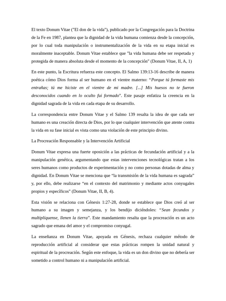 Resumen Donum Vitae - Bioetica | PDF | Dignidad | Reproducción