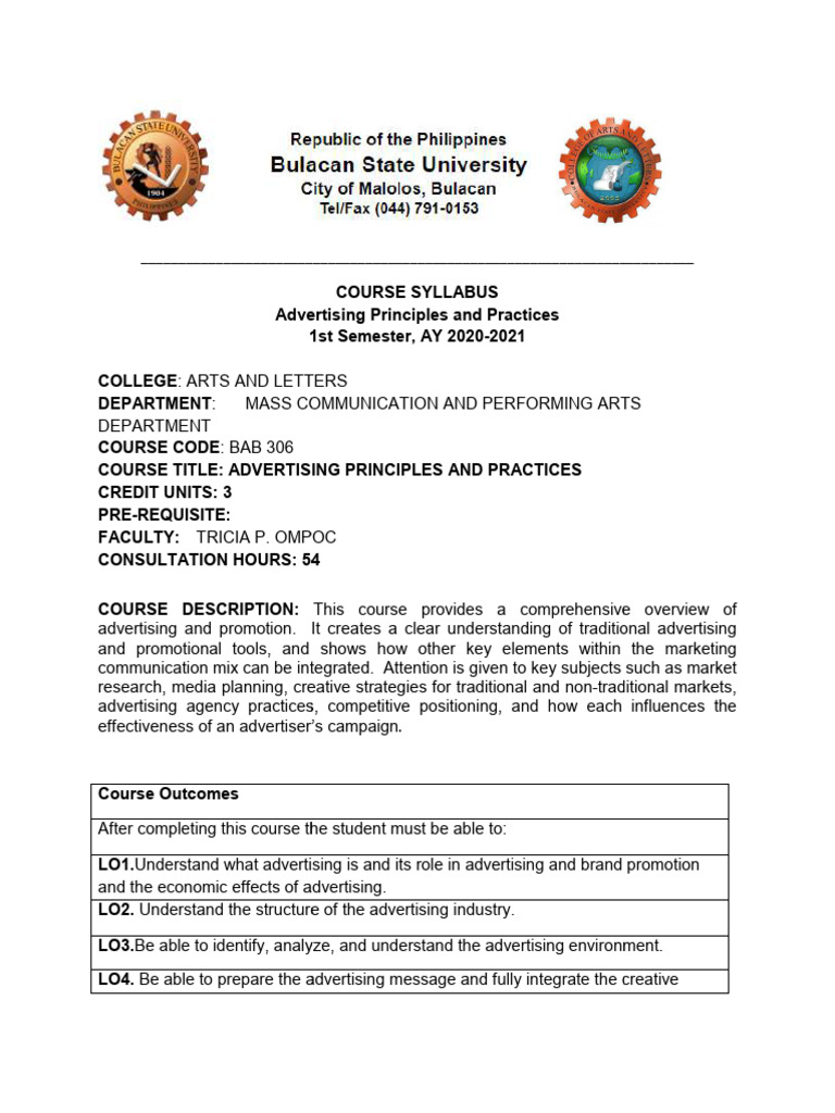 COURSE SYLLABUS - Advertising | PDF | Advertising | Marketing