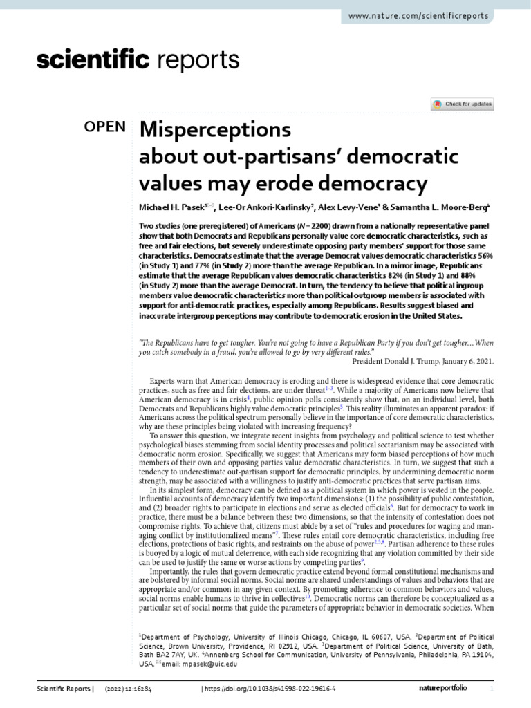 Pasek 2022 Misperceptions About Out-Partisans' Democratic Values May Erode Democracy. | PDF ...