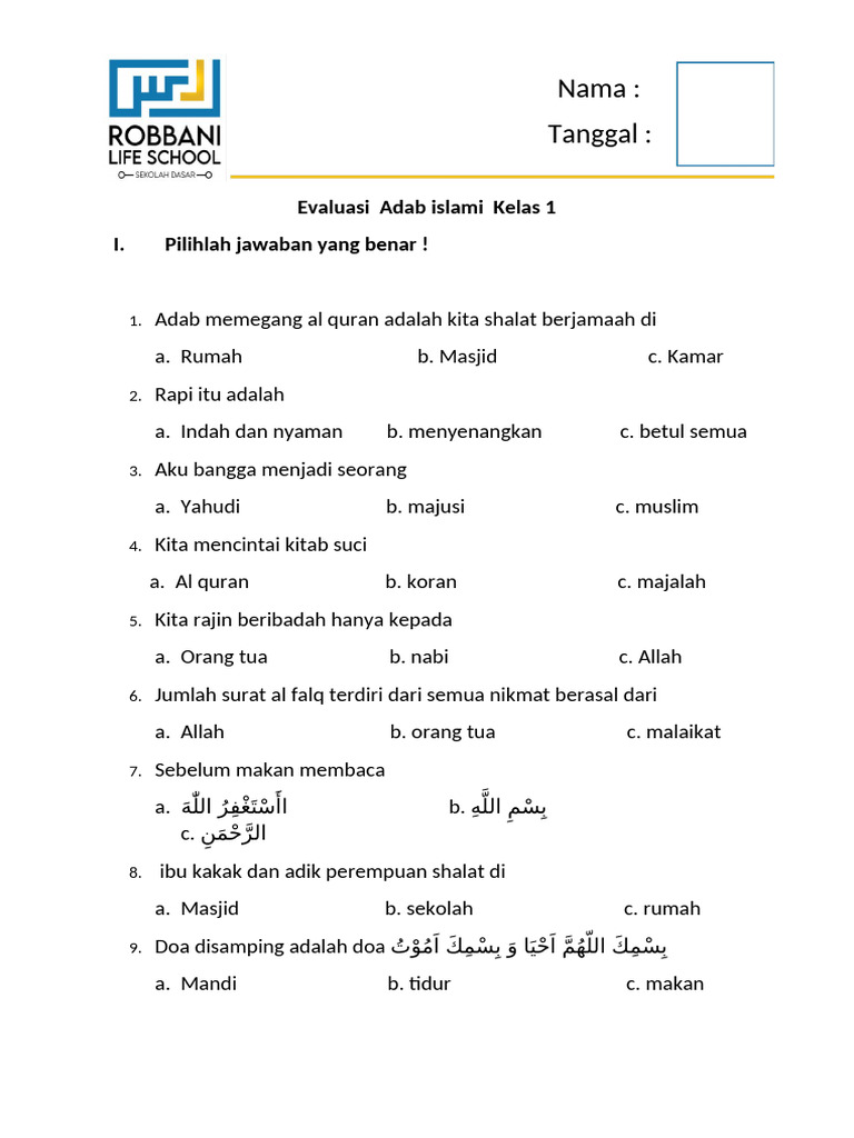 Evaluasi Adab Islami Kelas 1 | PDF