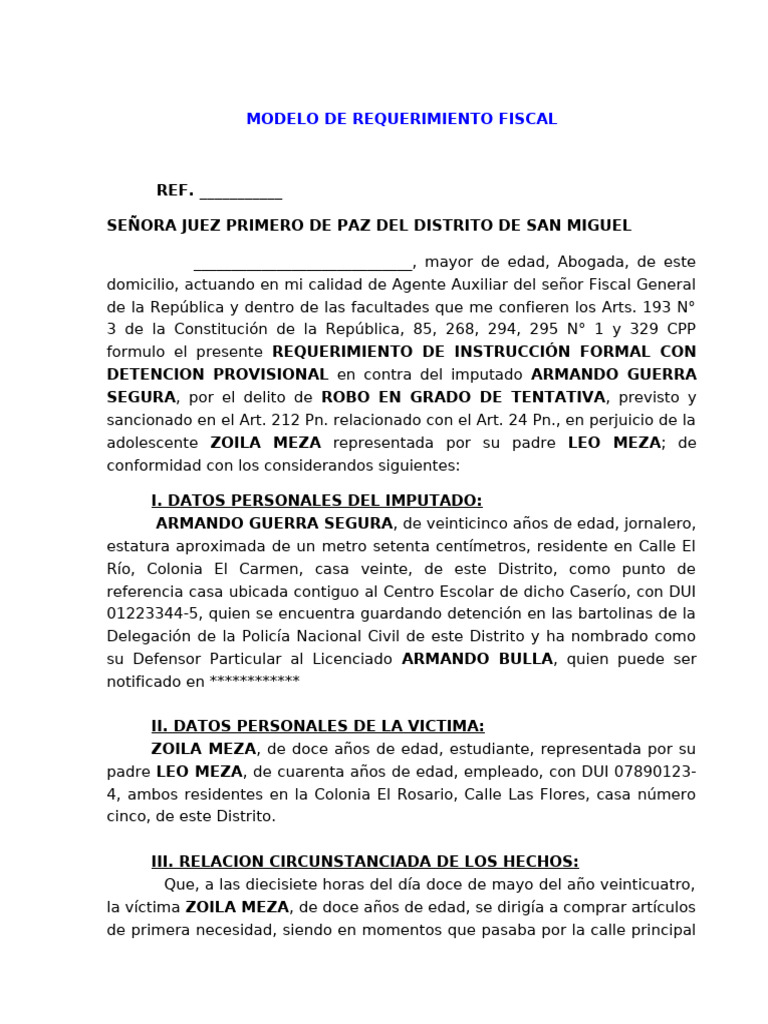 Modelo de Requerimiento Fiscal | PDF | Fiscal | Justicia