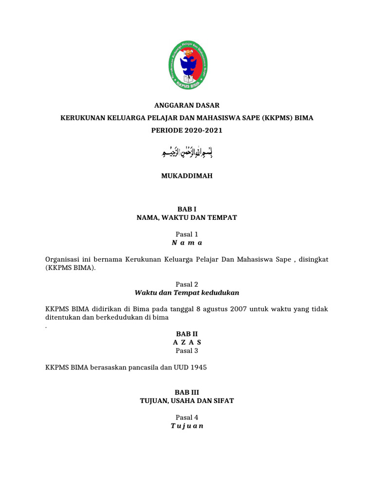 Anggaran Dasar KKPMS Bima 2021 | PDF