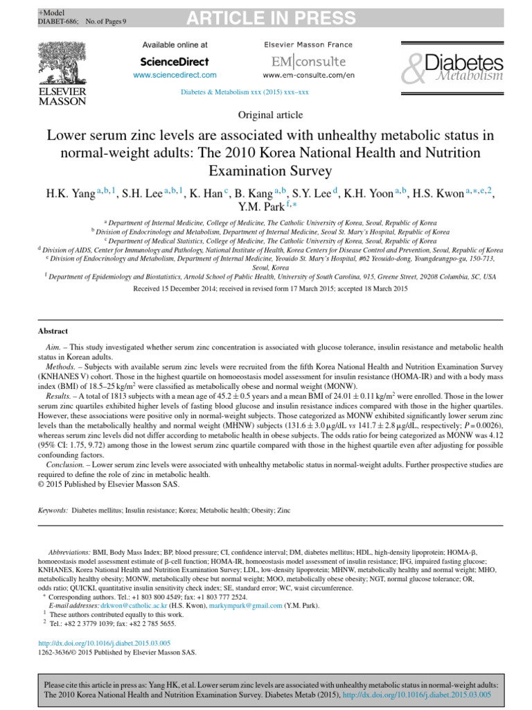 Lower Serum Zinc Levels Are Associated With Unhealthy Metabolic Status ...