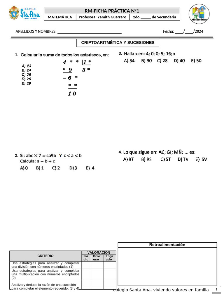 FICHA PRÁCTICA 1-Criptoaritmética y Sucesiones | PDF