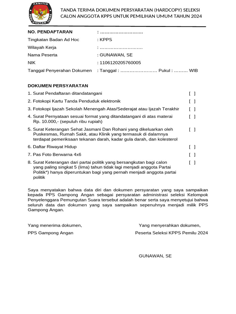 Tanda Terima Dokumen Persyaratan KPPS Gunawan | PDF