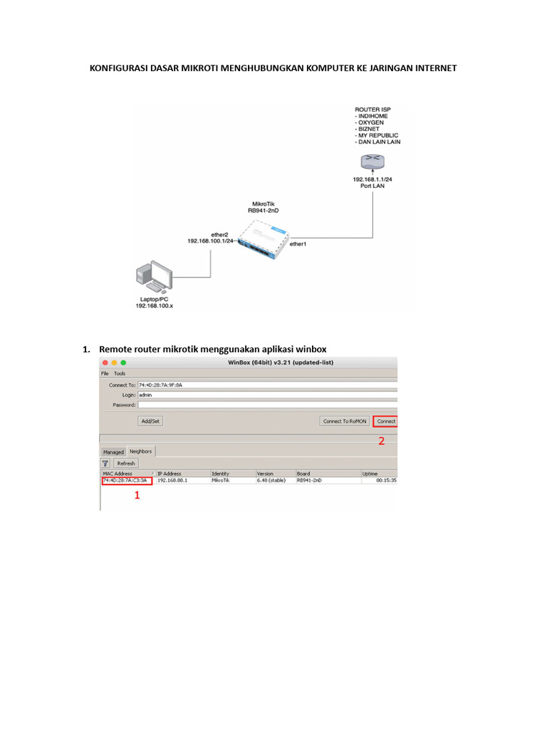 Konfigurasi Dasar Mikrotik Menghubungkan Komputer Ke Internet | PDF