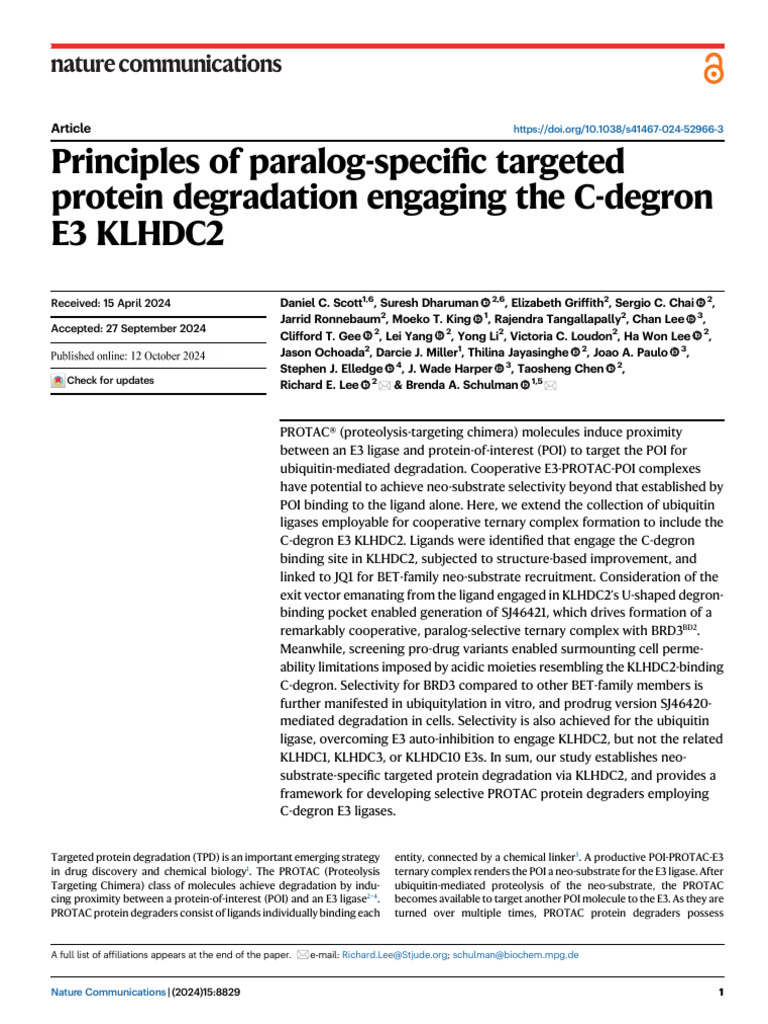 Principles of Paralog-Speci C Targeted Protein Degradation Engaging The ...