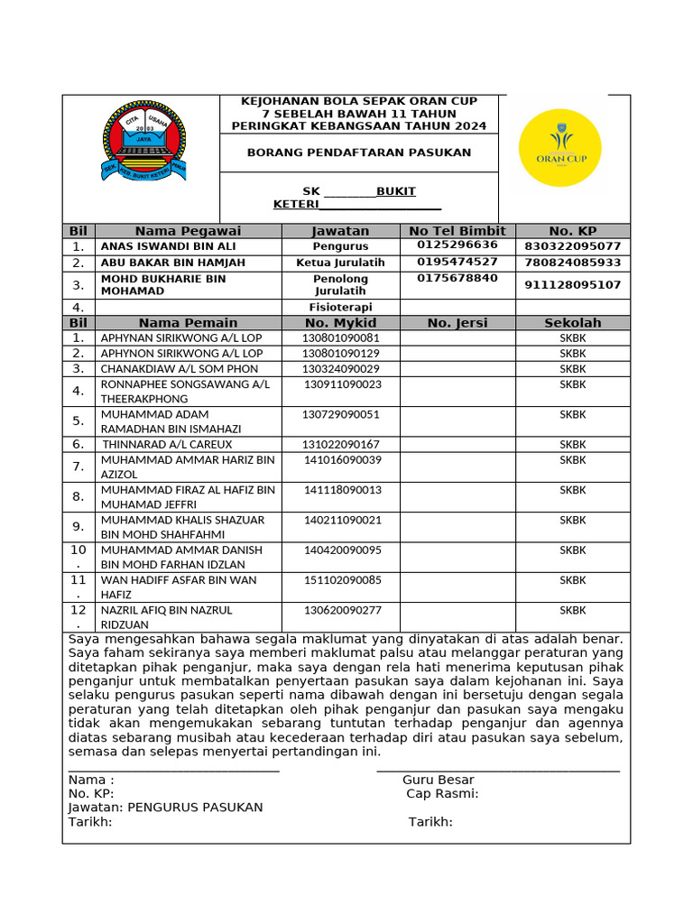 Borang Pendaftaran Kejohanan Bola Sepak Oran Cup 2024 Pdf