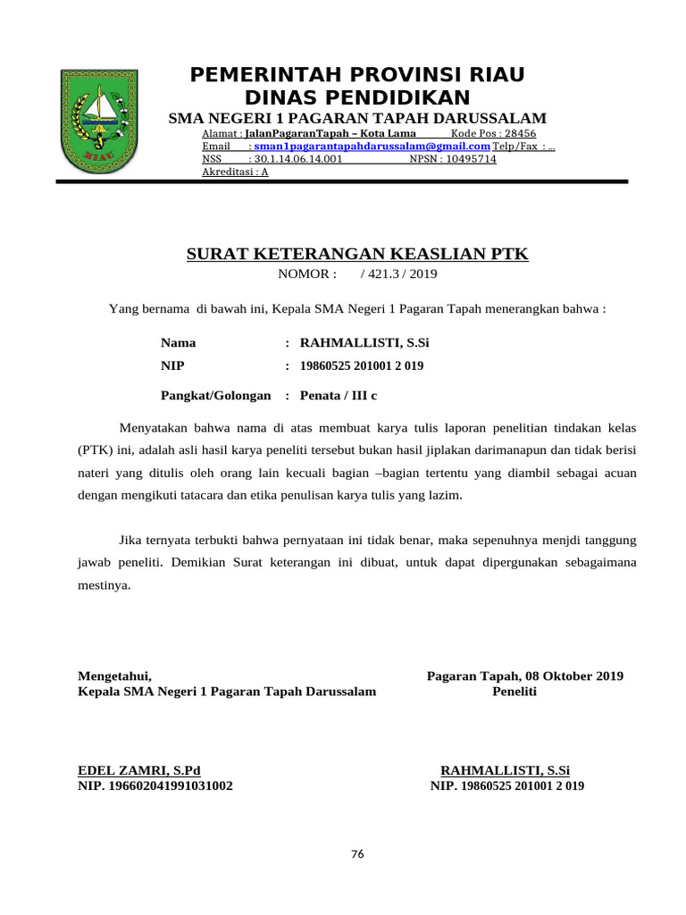Surat Keterangan Keaslian PTK | PDF