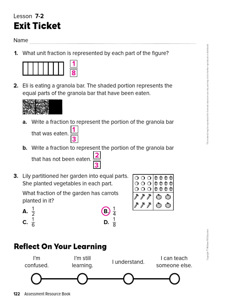 3-07-02 Printable Exit Ticket Answers - Understand Fractions | PDF