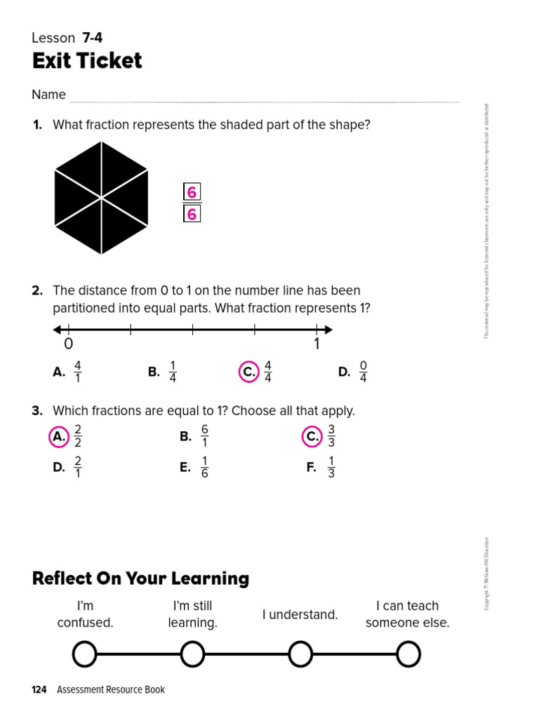3-07-04 Printable Exit Ticket Answers - Represent One Whole As A ...