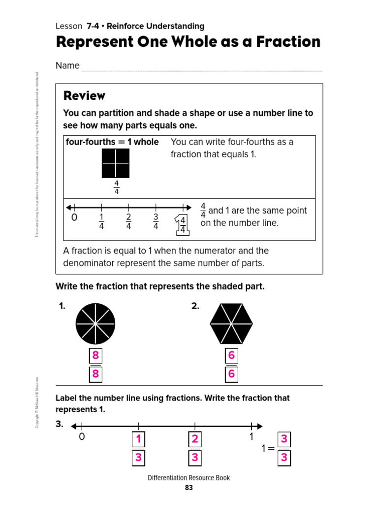 3-07-04 Reinforce Understanding Answers - Represent One Whole As A ...