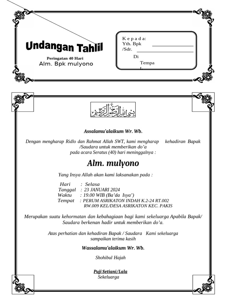 Undangan Tahlil 40 Hari | PDF