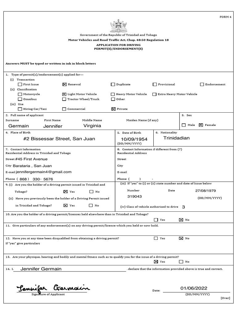 Trinidad Driving Permit Application Form | PDF | Vehicles | Transport